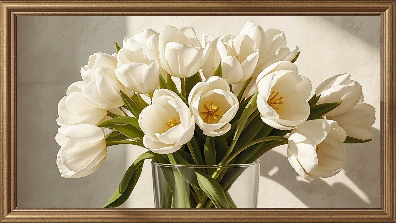 Framed TV Art 4K White Tulips Bouquet | Soft Sunlight Floral Painting | No Music Screensaver