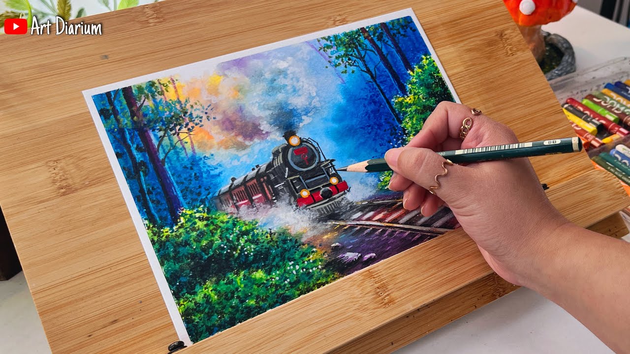 Forest Train Landscape with Oil Pastel - Step by Step