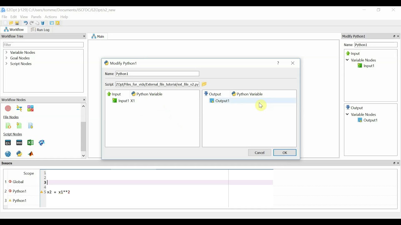 EZOpt Tutorial - Importing Python Scripts with the Python Script Node