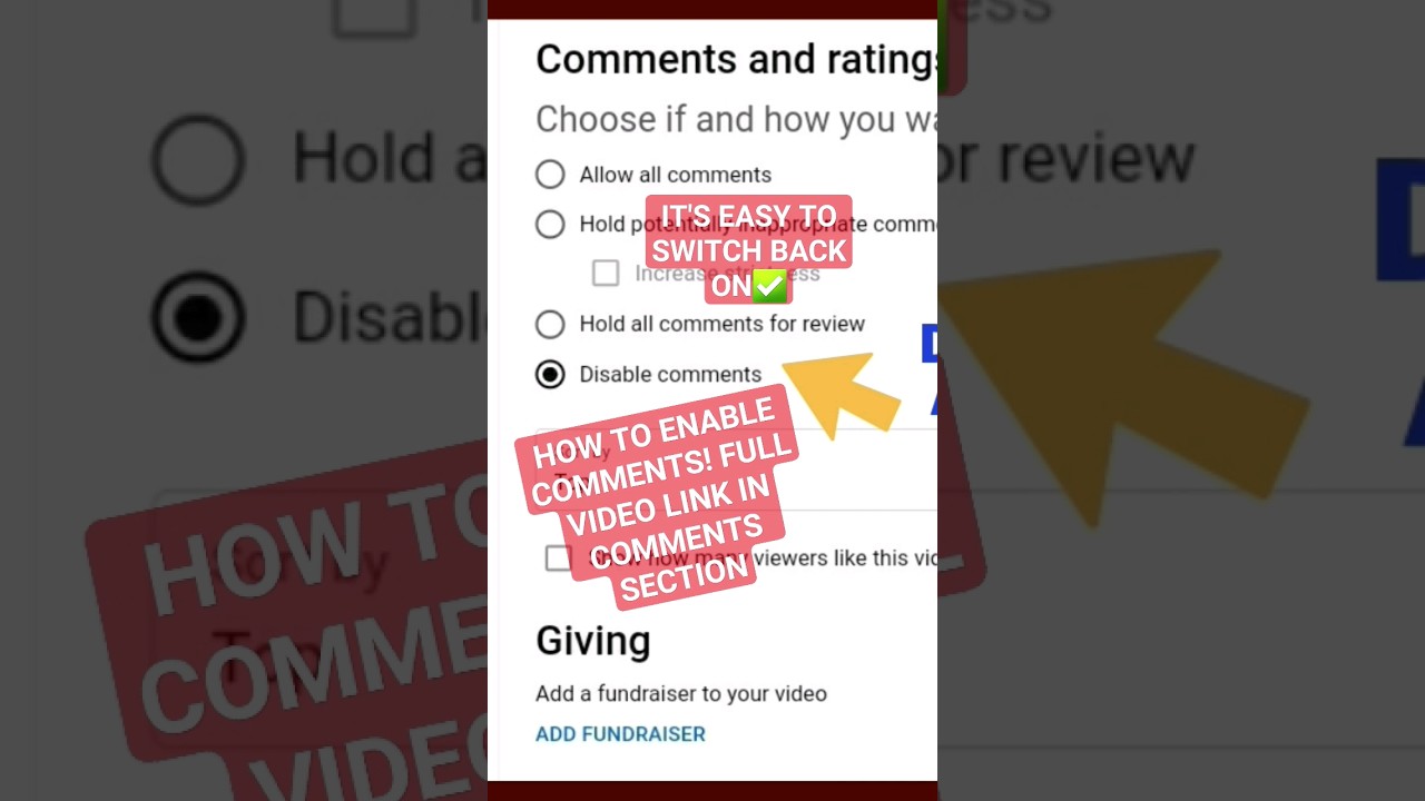 HOW TO ENABLE COMMENTS ON YOUTUBE TURN ON COMMENTS ON YOUTUBE SWITCH ON COMMENTS DISABLE TURN OFF
