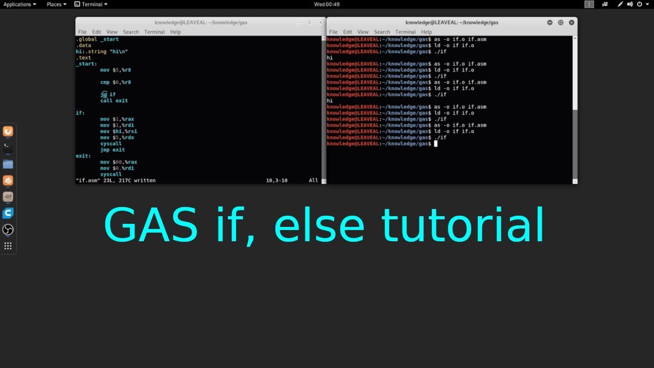 GAS x64 GNU Assembler conditional statement tutorial in Linux