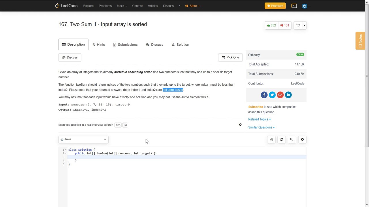 Technical Interview Question: Two Sum - Input Sorted [LeetCode]