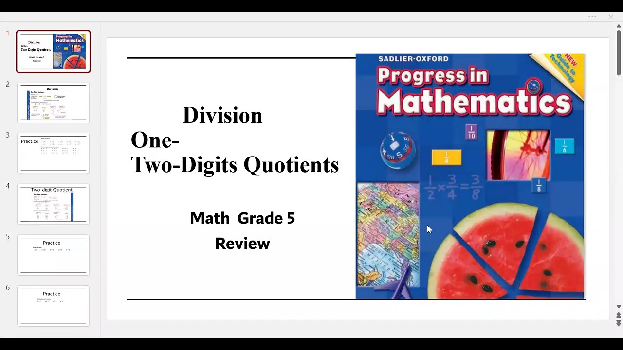 Math Grade 5. Review. One-Two-Digits Quotients. Textbook Progress in Mathematics Sadlier Oxford.