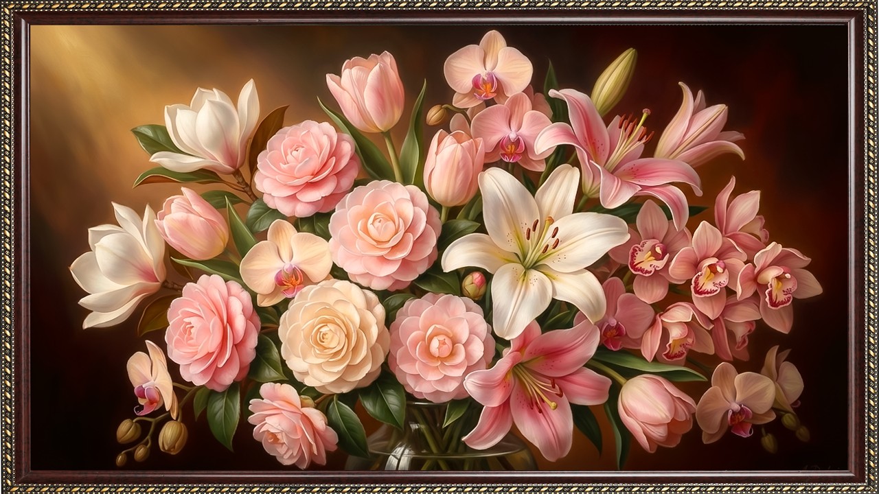 8K Ultra Realistic Floral Painting | Elegant Framed Bouquet Premium TV Display