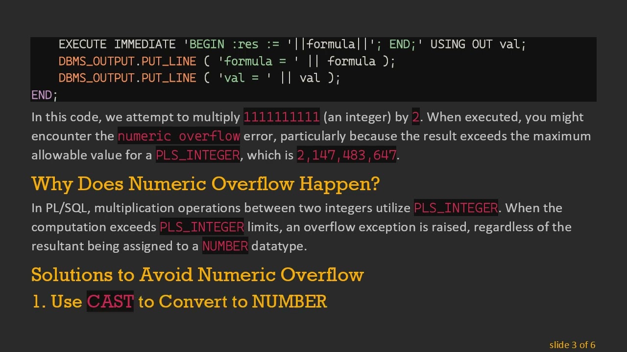 Resolving Numeric Overflow Errors in Oracle's Execute Immediate Statement