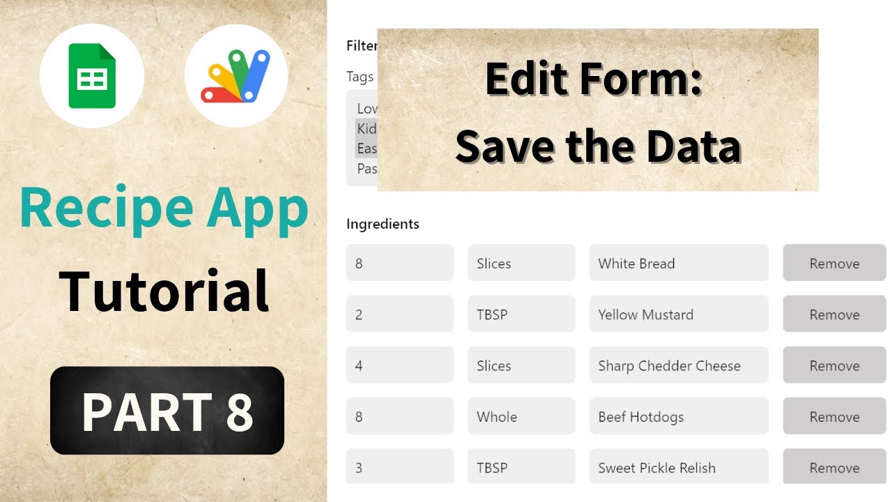 Saving Edit Data to Sheet- Google Sheets Recipe App Tutorial pt 8