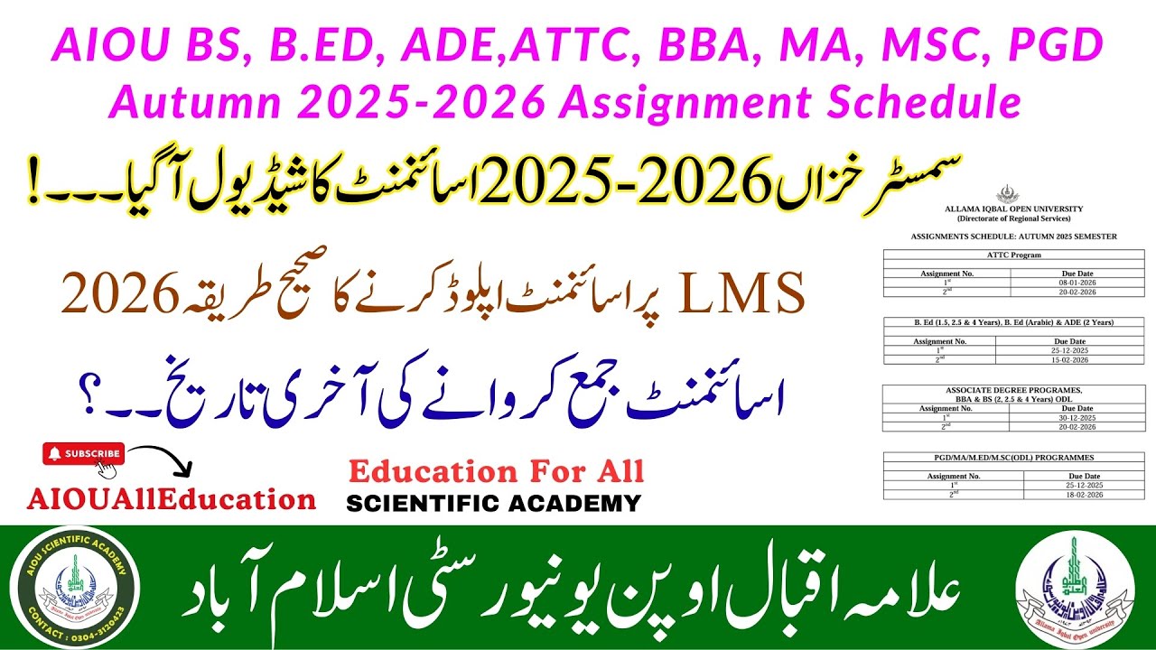 Aiou Assignment Schedule 2026 | Aiou BS B.ED ADE ATTC BBA MA MSC PGD Autumn 2025 Assignment Schedule