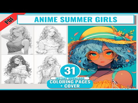 Anime Summer Girls Adult Coloring Book 31 Summer Coloring Pages, PDF & JPG,Grayscale Manga Coloring