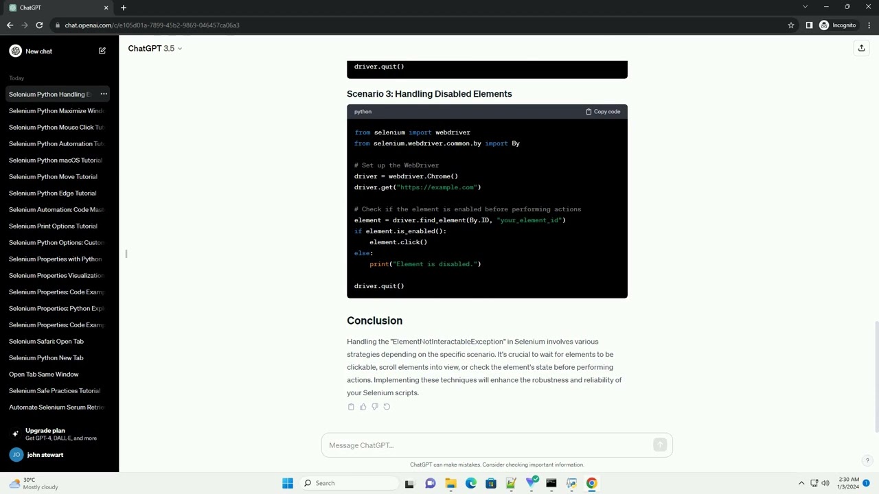 selenium python message element not interactable
