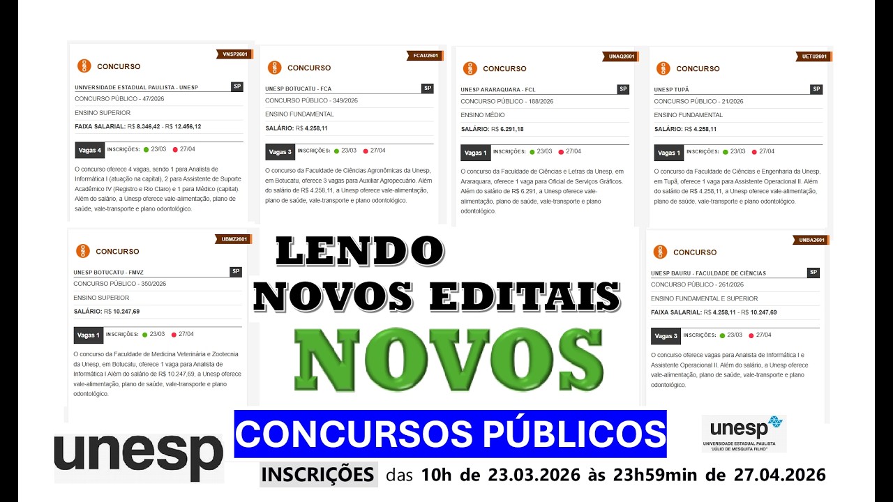 LENDO EDITAIS DE CONCURSOS PÚBLICOS DA UNESP - PROVAS EM JUNHO DE 2026 - VÁRIOS CARGOS PARA CÂMPUS
