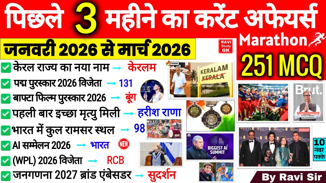 Last 3 Months Current Affairs 2026 | January 2026 to March 2026 | Important Current Affairs 2026
