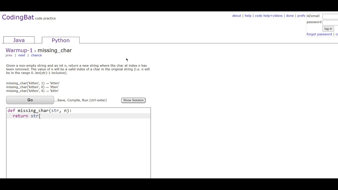 Warmup-1 (missing_char) Python Tutoriall || Codingbat.com