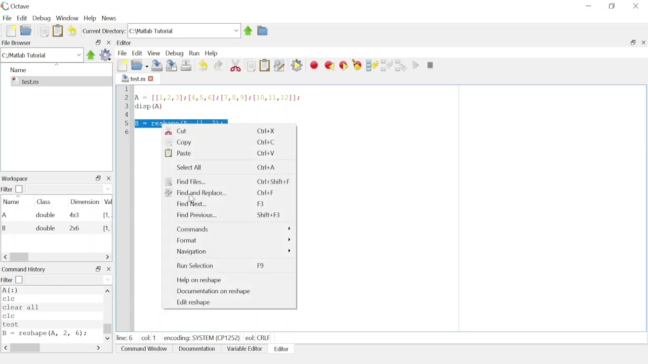 Reshaping Array (MATLAB/Octave for Engineers)