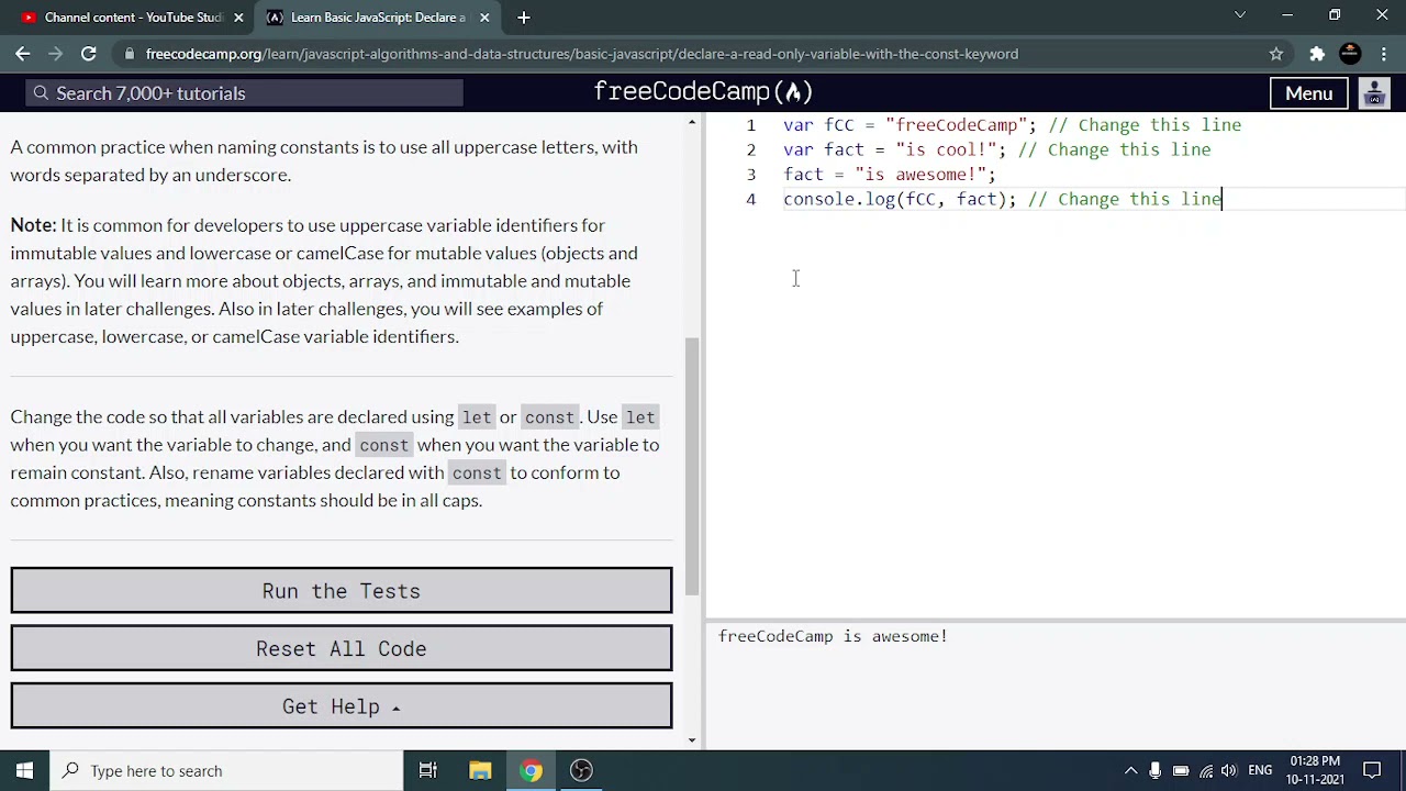 Declare a Read-Only Variable with the const Keyword - Freecodecamp.org | Video 10 | Basic JavaScript
