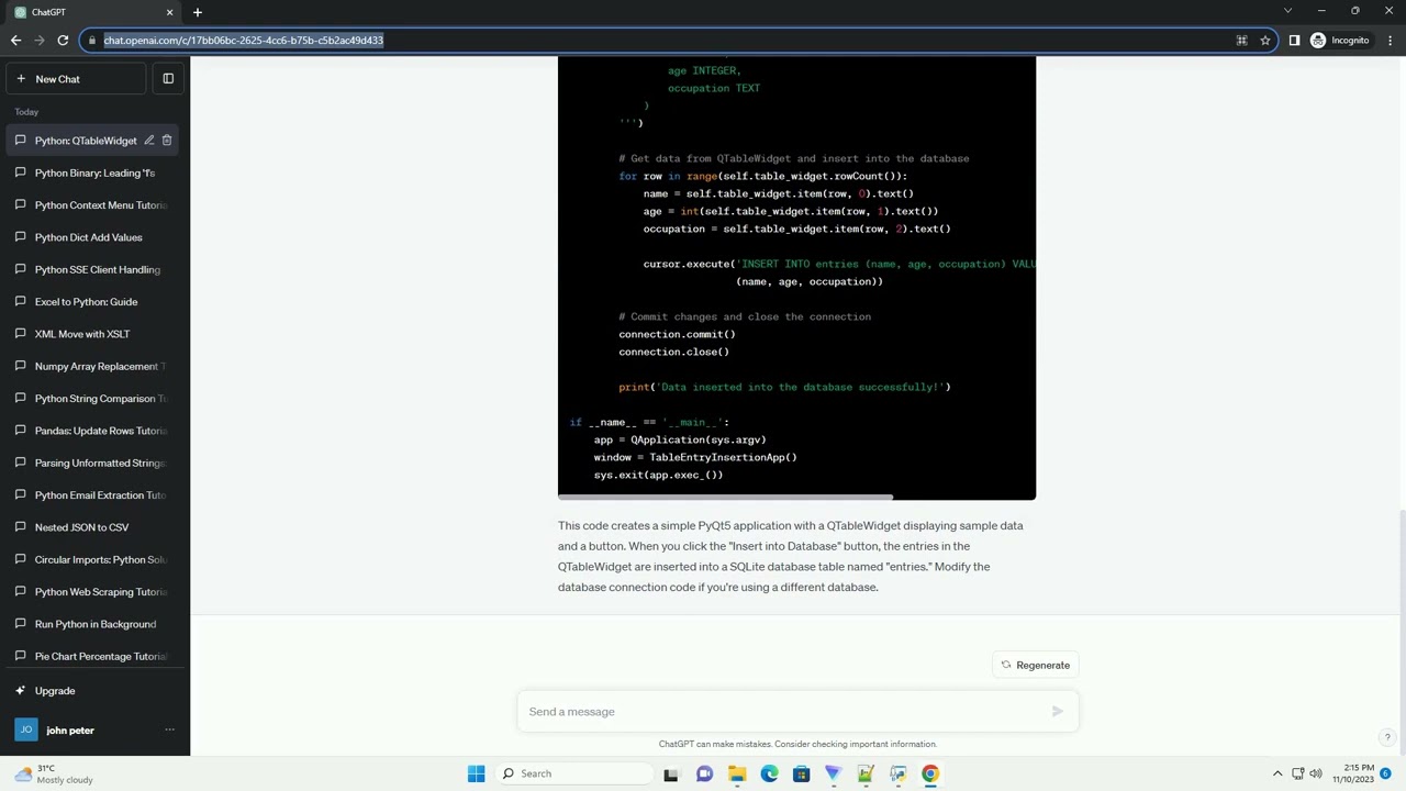 In Python Insert all Entries in a QtableWidget into Database Table at once