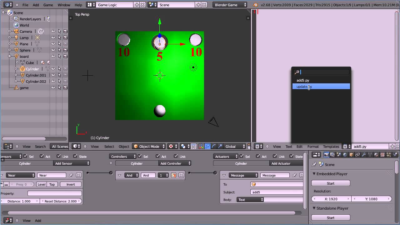 Blender Developing a Simple Ball Game Using Python Script and the Global Dictionary (New Version)