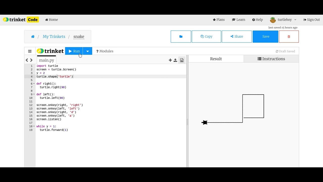 I made a snake game in trinket python | part 1