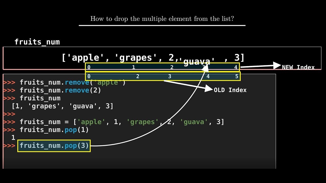 Difference between del, remove() & pop() to delete Python list values | Animation (Manim Library)
