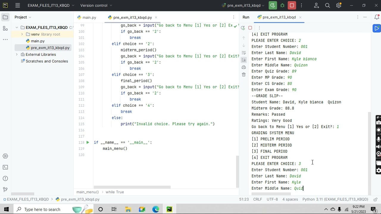 GRADING SYSTEM MENU IN PYTHON