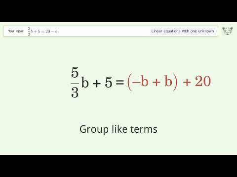 Linear equation with one unknown: Solve 2/3b+5=20-b step-by-step solution