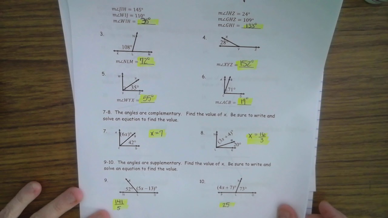 Angle Relationships answers to all worksheets