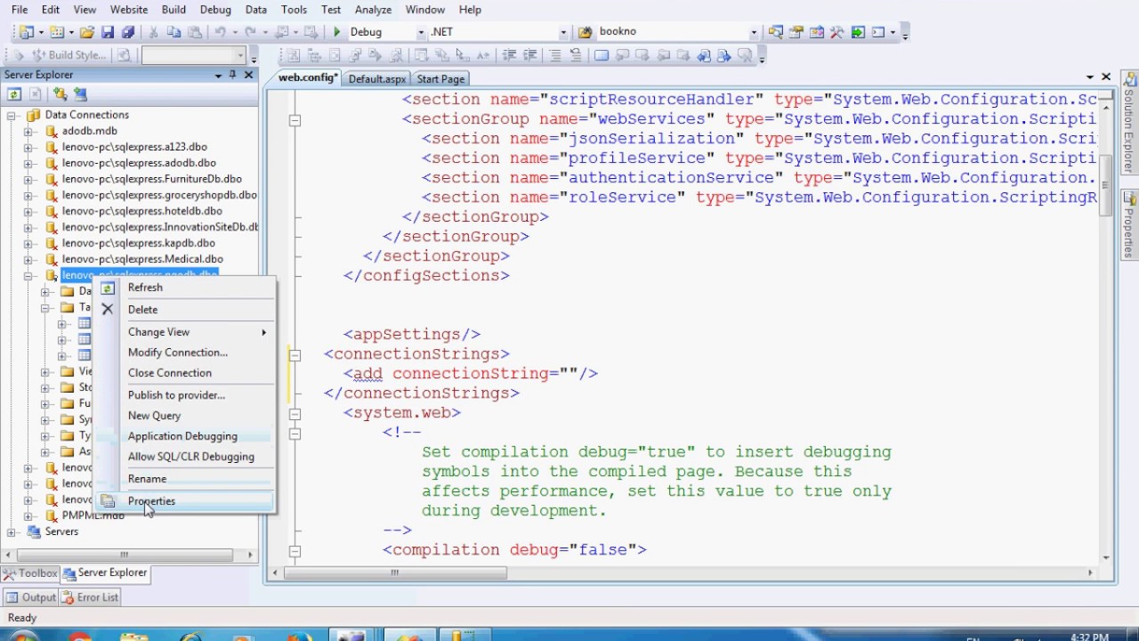Adding connection of Sql Server Database in Asp.Net