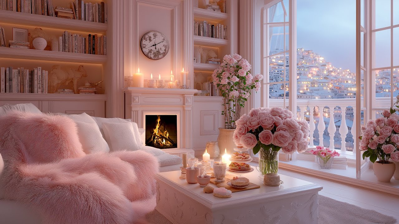 Cozy Pink Living Room 🎵 Soft Piano & Fireplace Sounds | The Most Relaxing Ambience