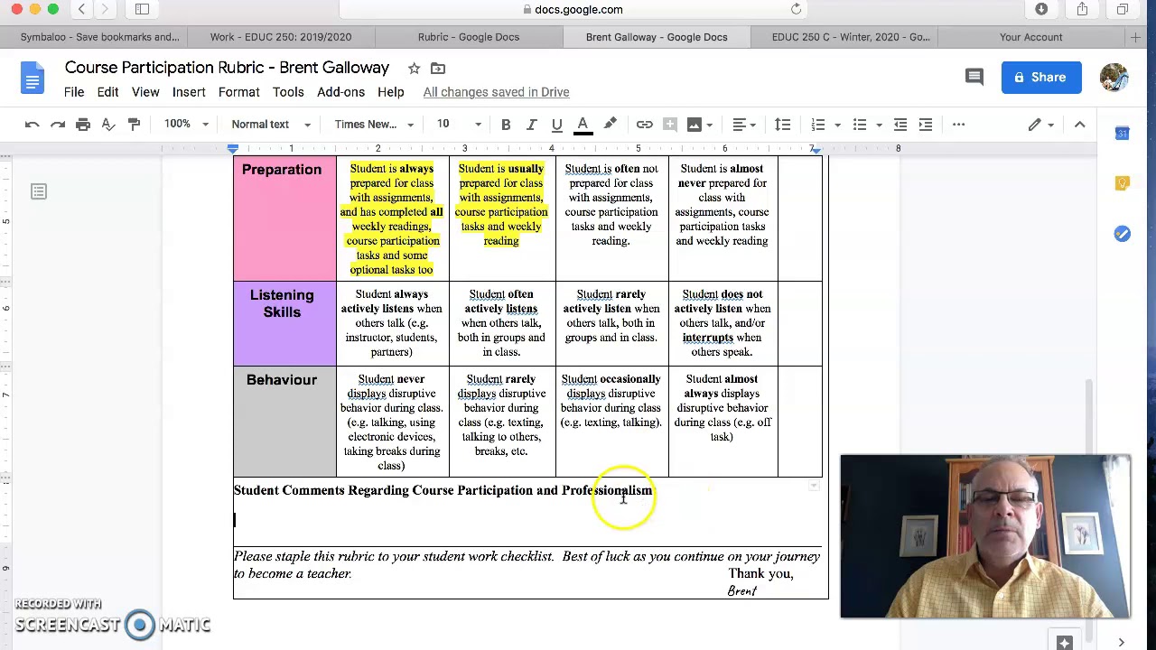 Completing Your Course Participation Rubric
