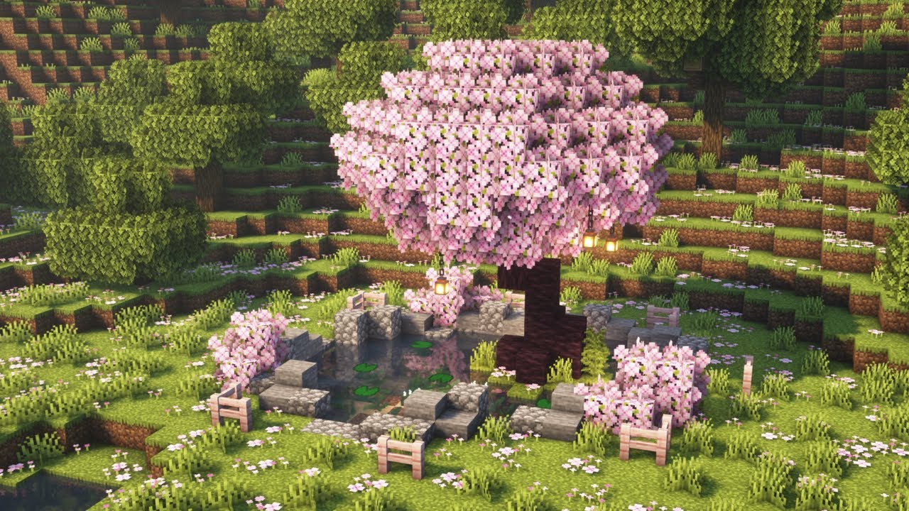 [Minecraft] How to Build a Cherry Blossom Pond / Tutorial - Minecraft ...