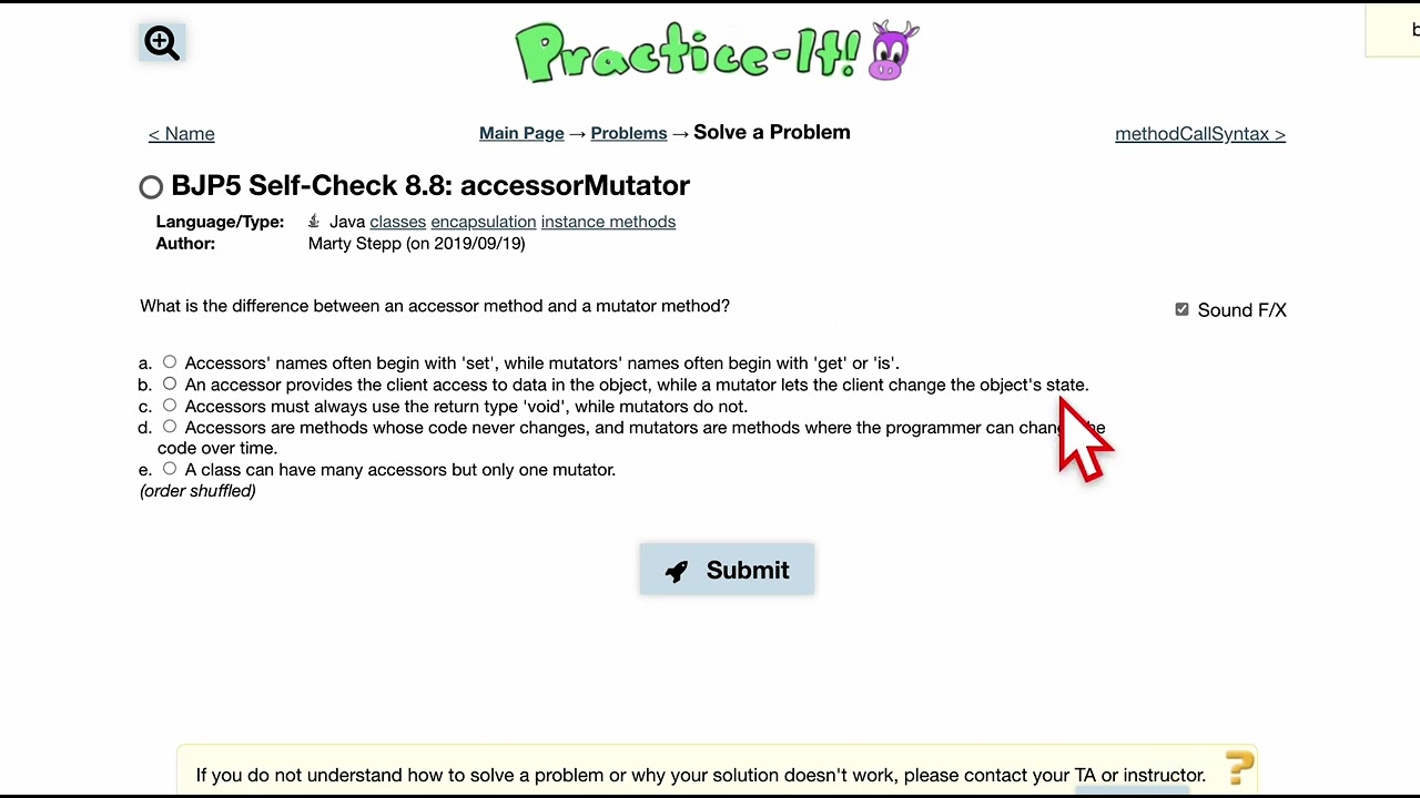 Java Practice It   |   Self-Check 8.8: accessorMutator |  classes, encapsulation, instance methods