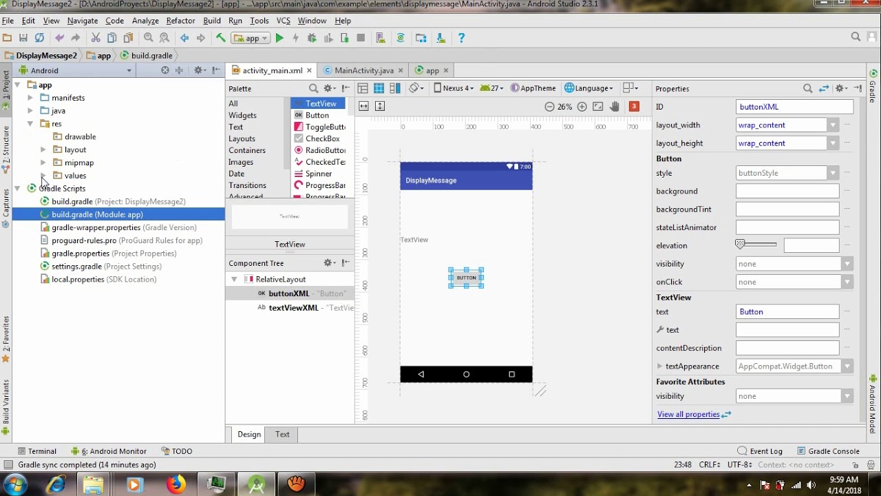 Android Studio Tutorial - Display a Message with Button and Text View