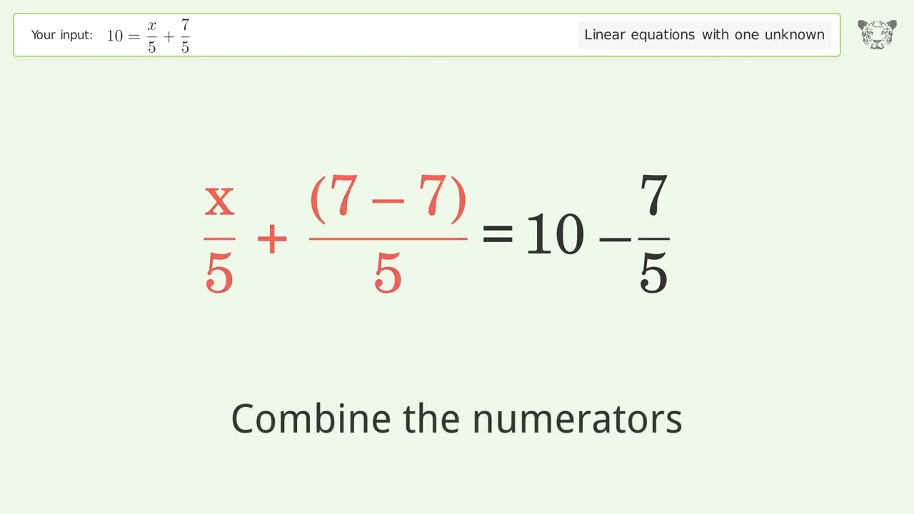 Linear equation with one unknown: Solve 10=x/5+7/5 step-by-step solution