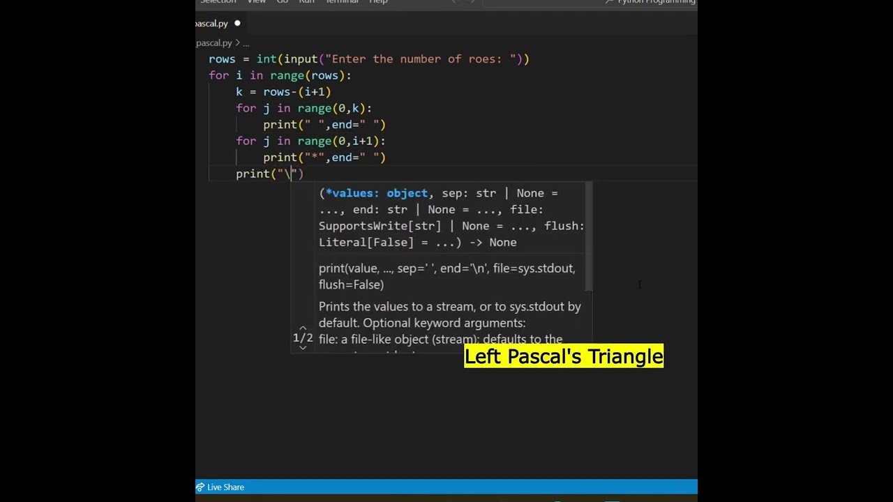 Try to draw Left Pascal's Triangle Pattern in Python | #shorts #coding #python