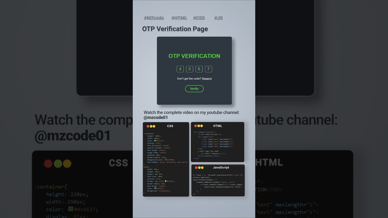 🔐 OTP Verification Tutorial | HTML CSS JavaScript | MZCode01 #coding  #frontend #JS