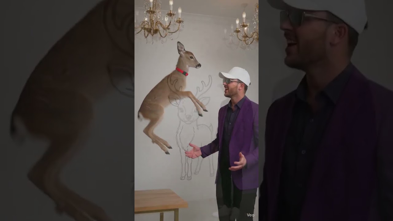 A man finishes drawing a cartoon deer on a white wall. A flash of light transforms the image