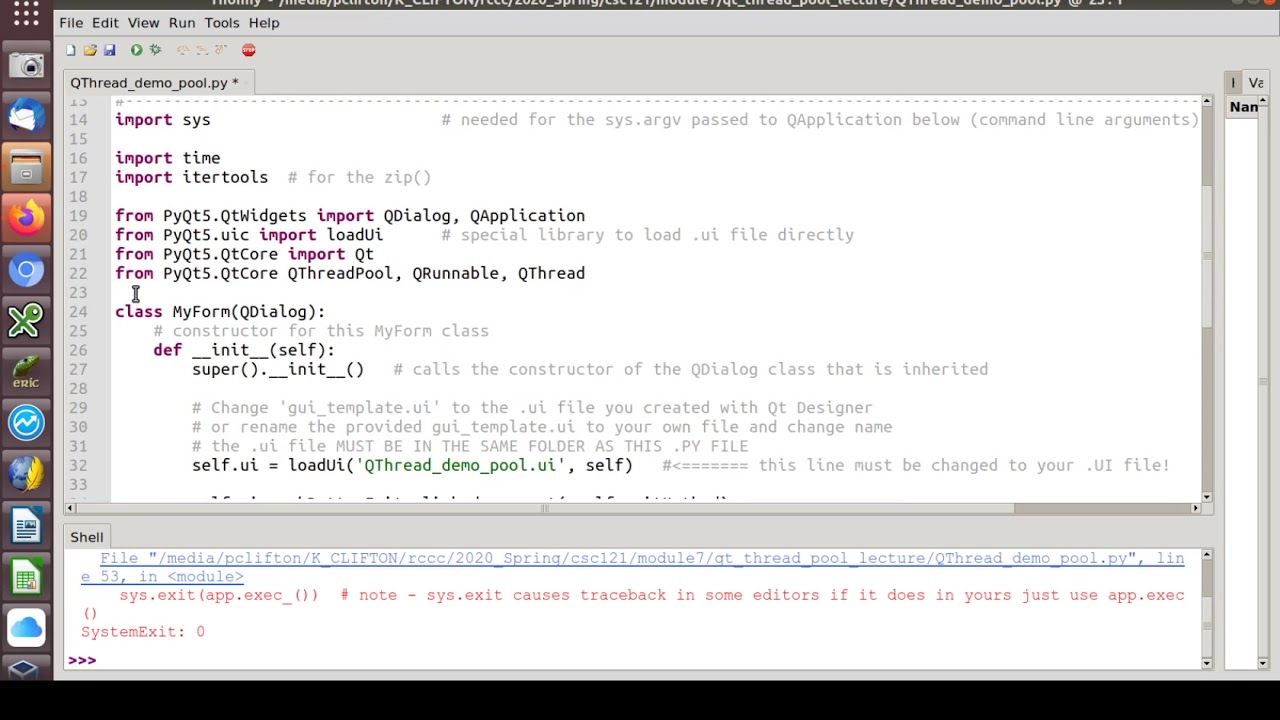 CSC-121, Graphical Python Programming, Creating and Running Threads using Qt's QThreadPool