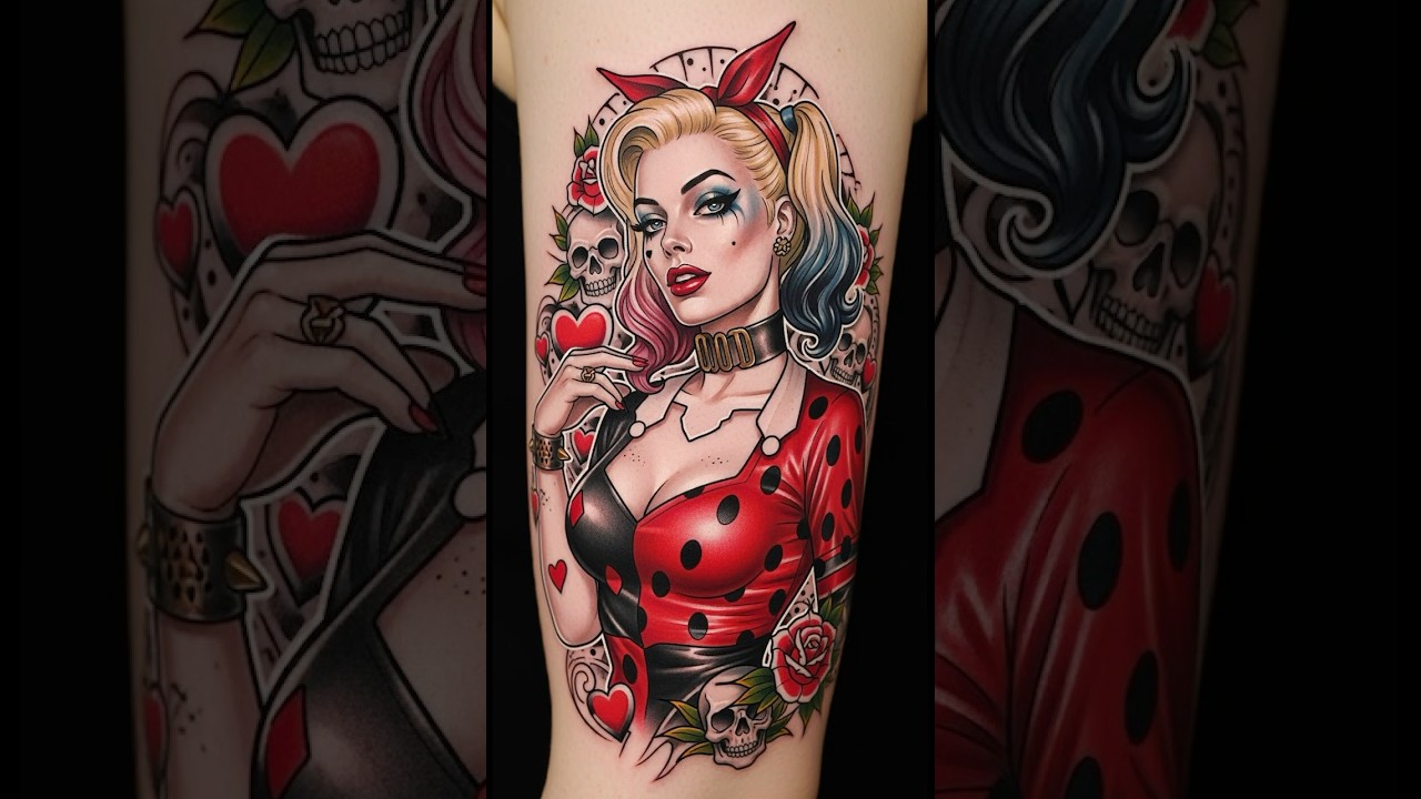 Harley Quinn tattoo pinup designs from Tattoo Metaverse #harleyquinn #tattoo #tattooed#DreamScreenAI
