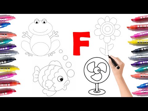 Coloring fish , frog , fan , flower | Words Start With f | how to draw line tracing f for fish