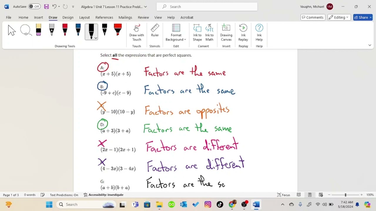 Algebra 1 Unit 7 Lesson 11 Practice Problems