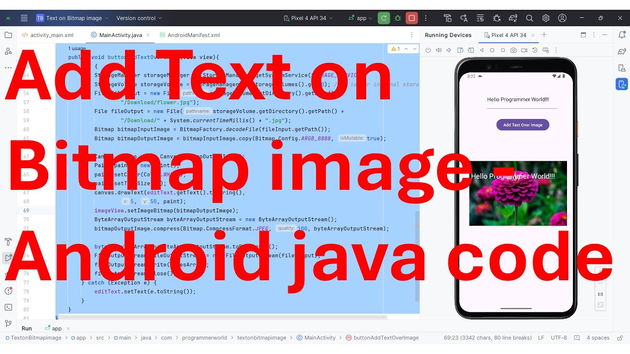 How to add custom text over a Bitmap image from your Android App?