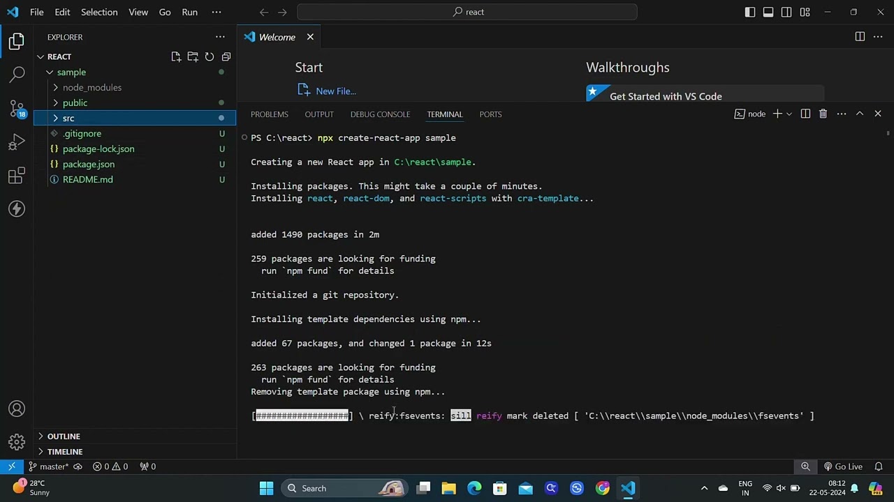 How to run your first react app project in visual studio code using node js is shown