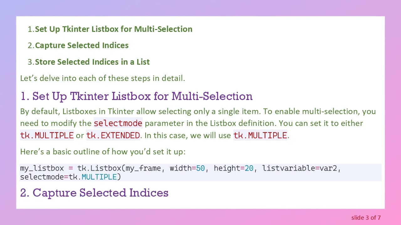 How to Store the Selected Indices from a Tkinter Listbox in Python tk.MULTIPLE Mode