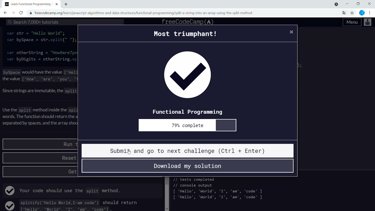 Functional Programming (19/24) | Split a String into an Array Using the split Method | freeCodeCamp