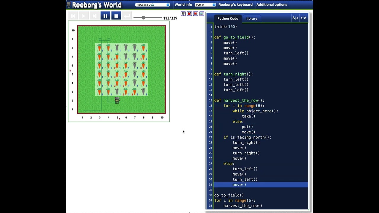 Reeborg's World   Harvest 3 | Python Solution