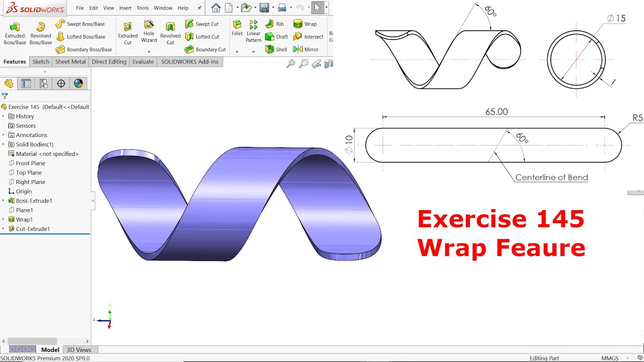 Solidworks tutorial Exercise 145 Wrap feature