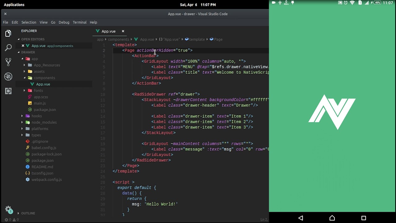 Nativescript-vue Tutorial #001 RadSideDrawer over ActionBar |Android navigation drawer android tut