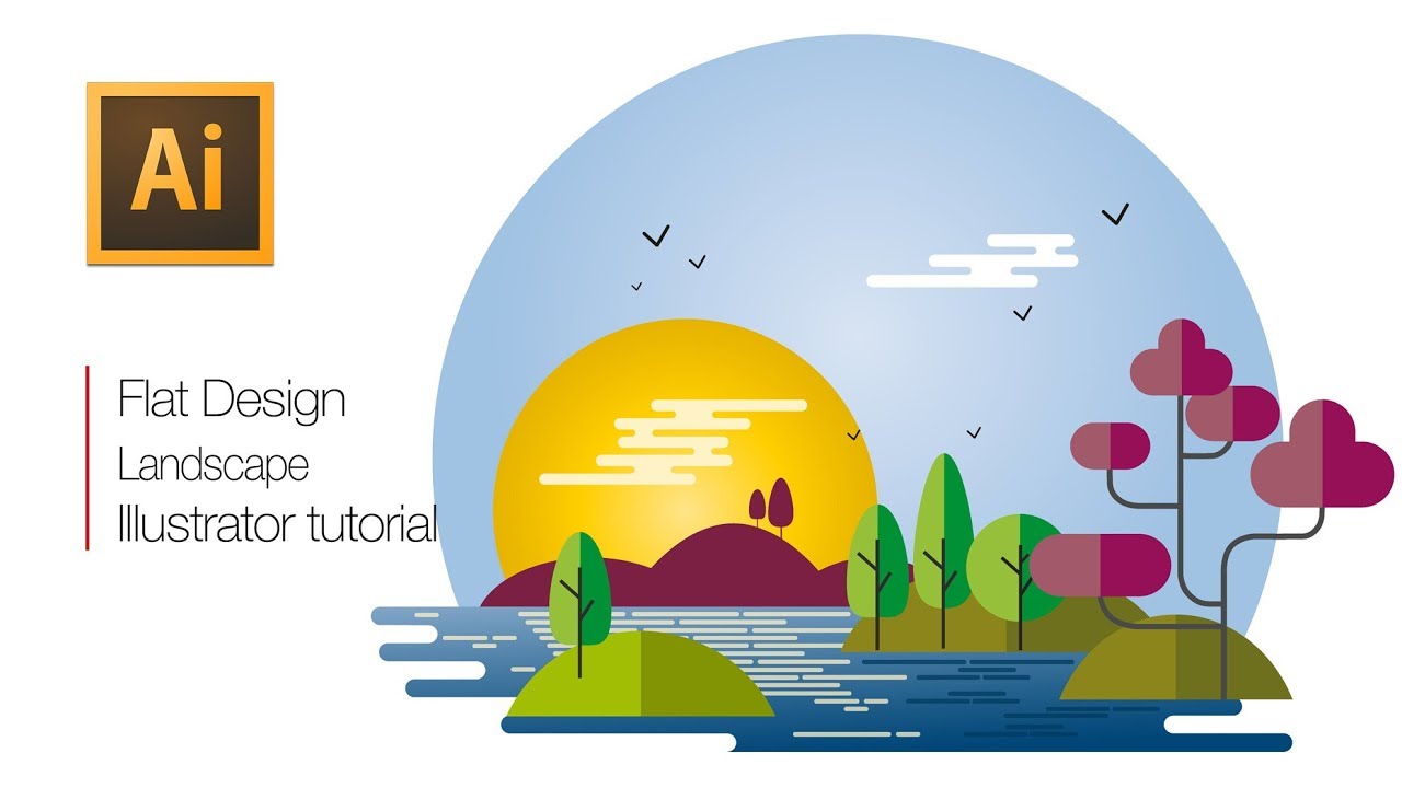 Illustrator Tutorial  for Beginners:  How To Create a Flat Landscape vector Illustration