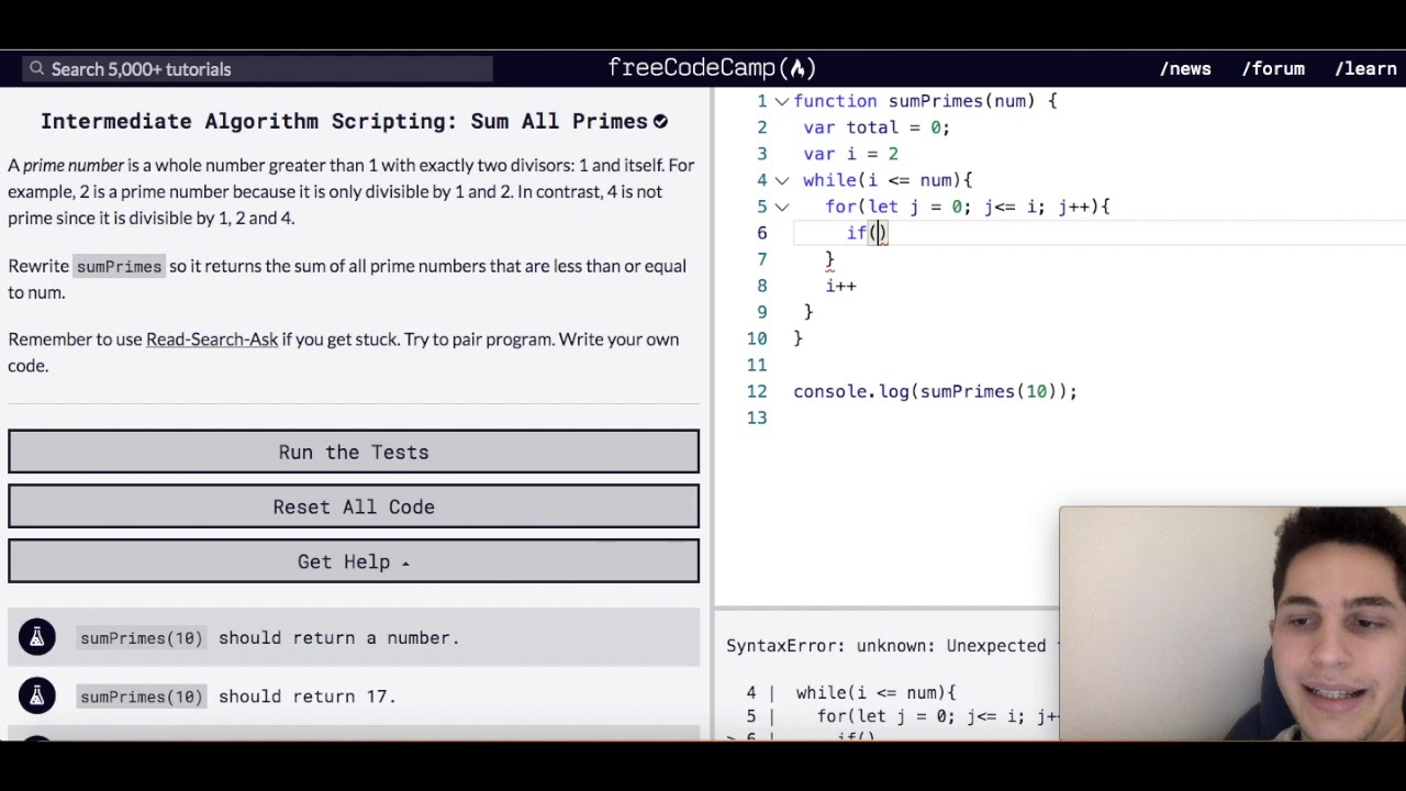 Freecodecamp Intermediate Algorithm: Sum All Primes