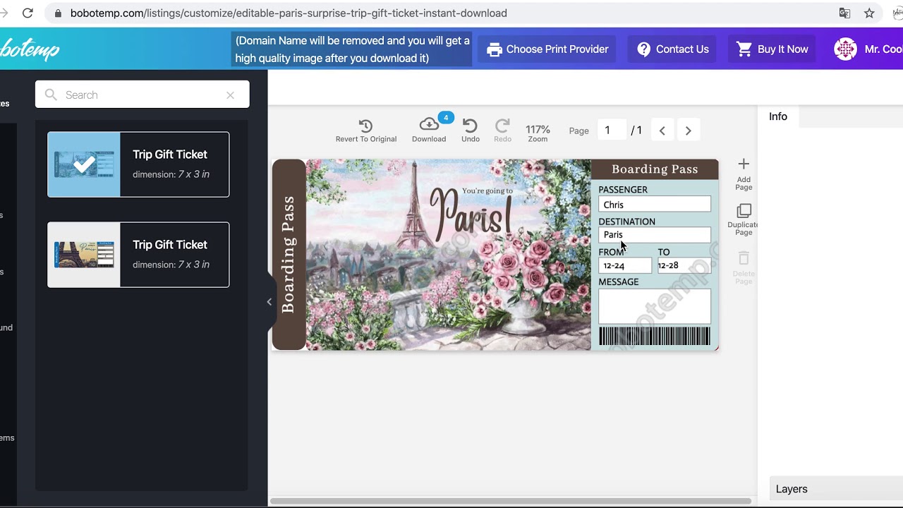 How to make a PARIS Surprise Trip Gift Ticket step by step on www.bobotemp.com
