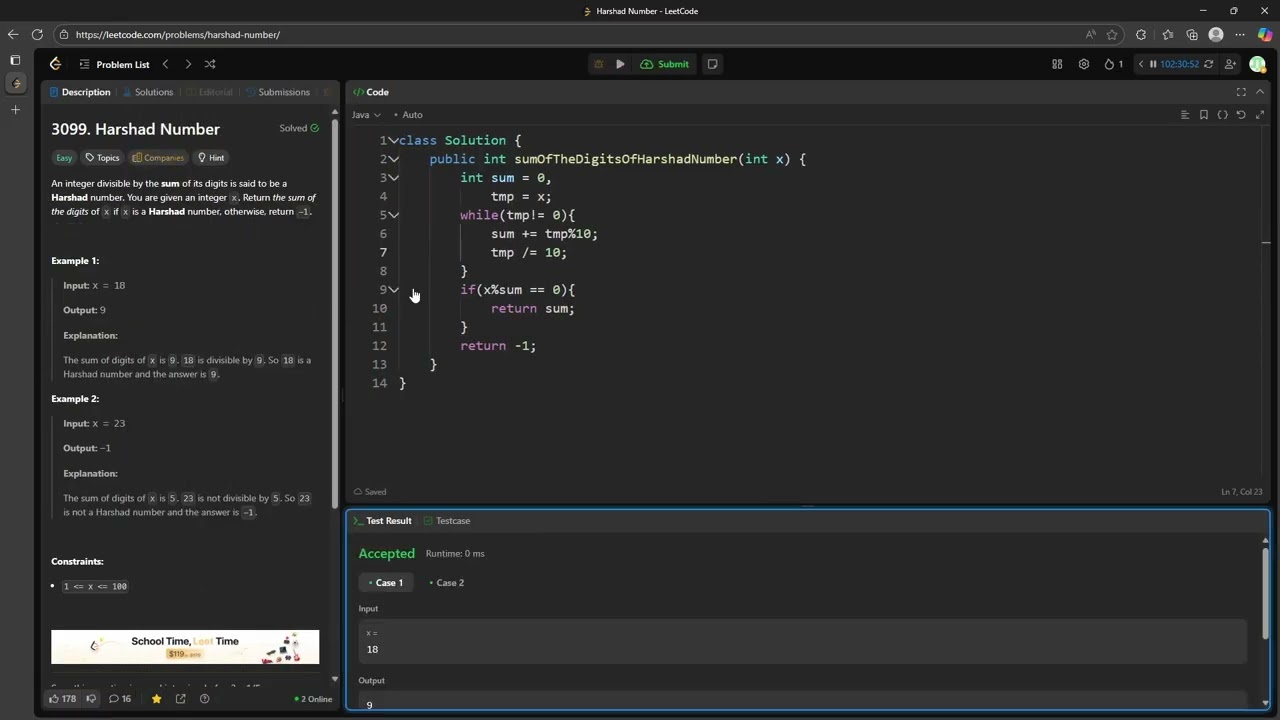 #LeetCode 3099 | Harshad Number #Java